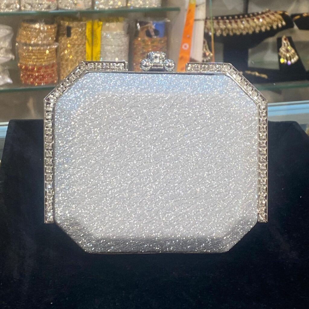 Luxury Silver Octagonal Box Clutch – Shimmer Evening Bag with Crystal ...