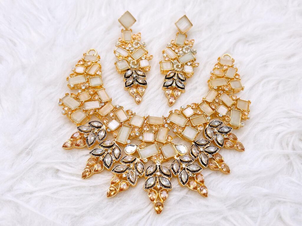 Off-White Polki Necklace Set with Uncut Stone Detailing - Carat Vogue
