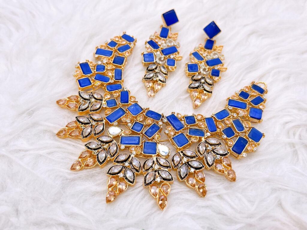 Royal Blue Polki Necklace Set with Uncut Stone Embellishments - Carat Vogue