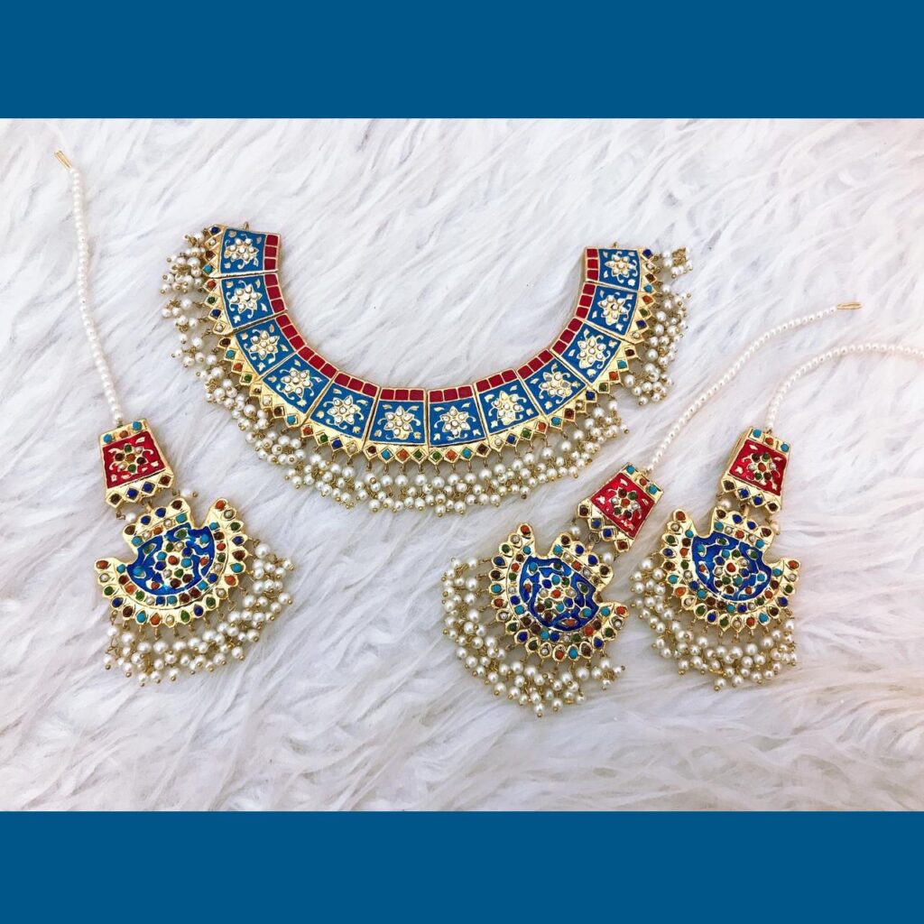 Royal Blue Thappa Kundan Meenakari Set - Carat Vogue