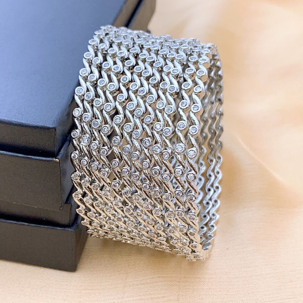 Silver Plated AD Stone Zig-Zag Bangle Set for Women | Luxury American ...